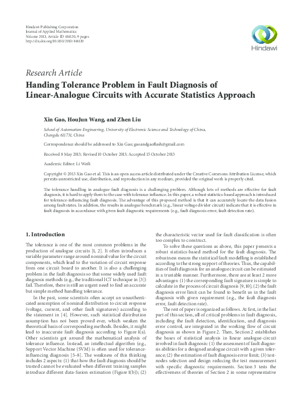 Pdf Handing Tolerance Problem In Fault Diagnosis Of Linear Analogue Circuits With Accurate