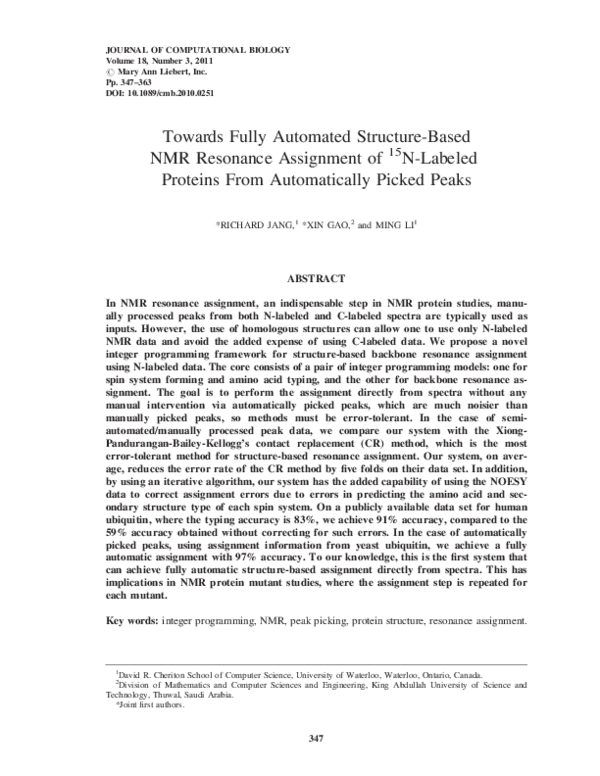 (PDF) Towards Fully Automated Structure-Based NMR Resonance Assignment of 15 N-Labeled Proteins ...
