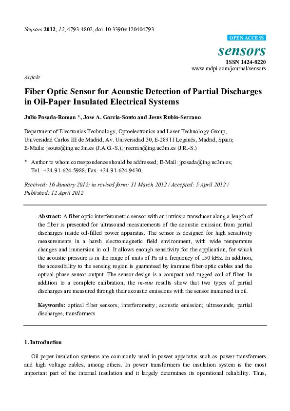(PDF) Fiber Optic Sensor for Acoustic Detection of Partial Discharges in Oil-Paper Insulated ...
