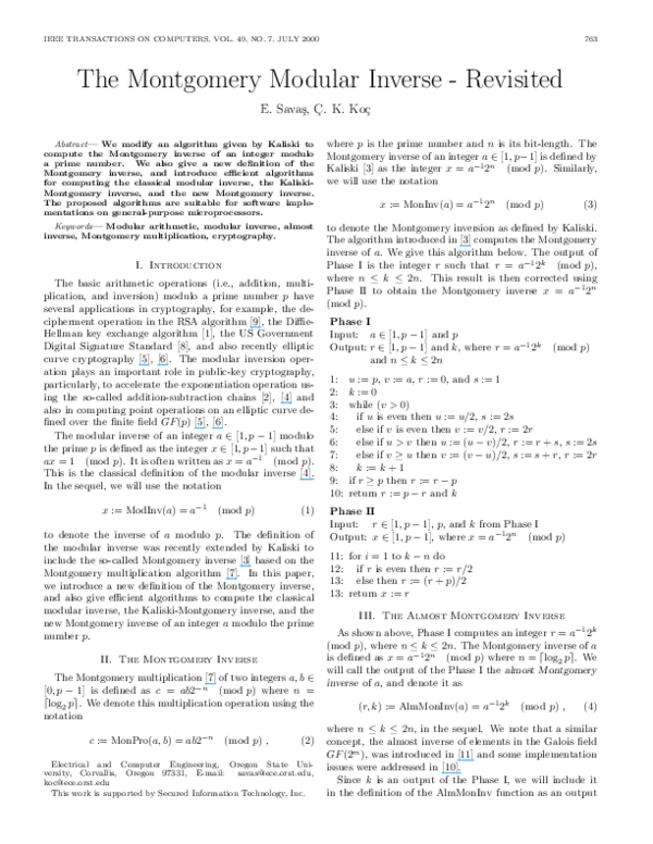 Pdf The Montgomery Modular Inverse Revisited
