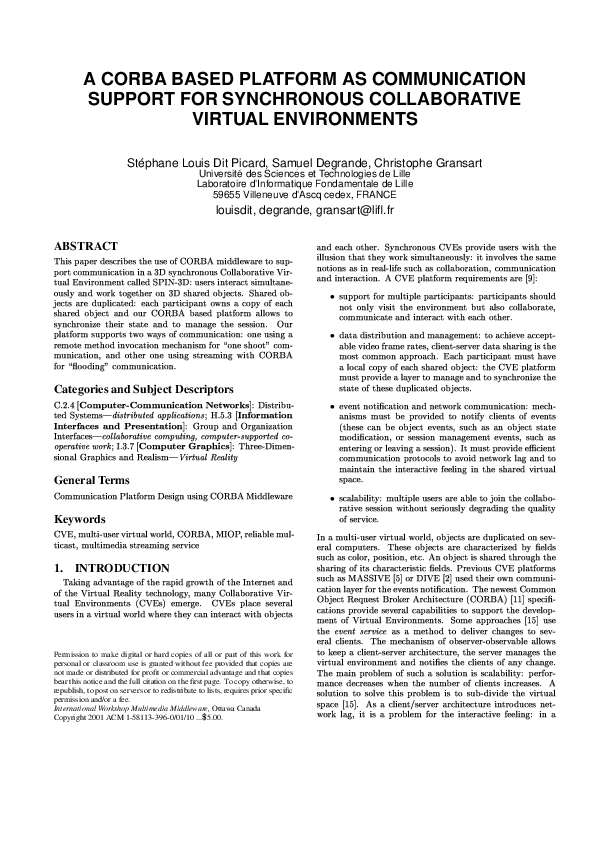 (PDF) A CORBA based platform as communication support for synchronous Collaborative Virtual ...