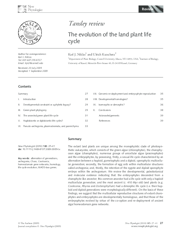 (PDF) The evolution of the land plant life cycle