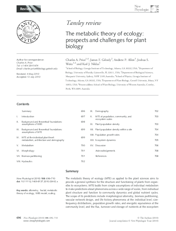 (PDF) The metabolic theory of ecology: prospects and challenges for ...