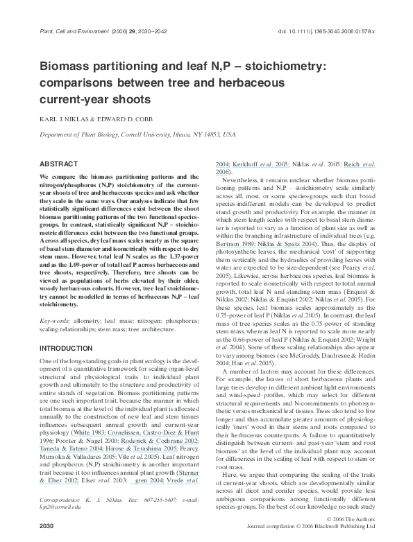 (PDF) Biomass partitioning and leaf N,P ? stoichiometry: comparisons between tree and herbaceous ...