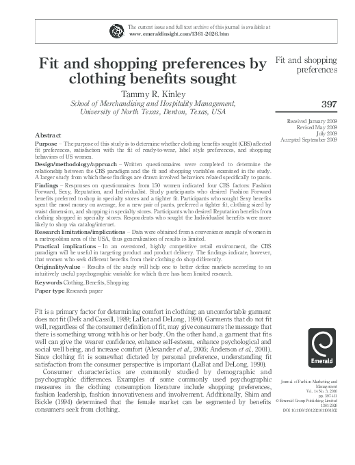(PDF) Fit and shopping preferences by clothing benefits sought