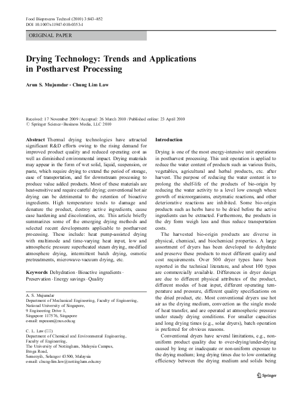 (PDF) Drying Technology: Trends and Applications in Postharvest Processing