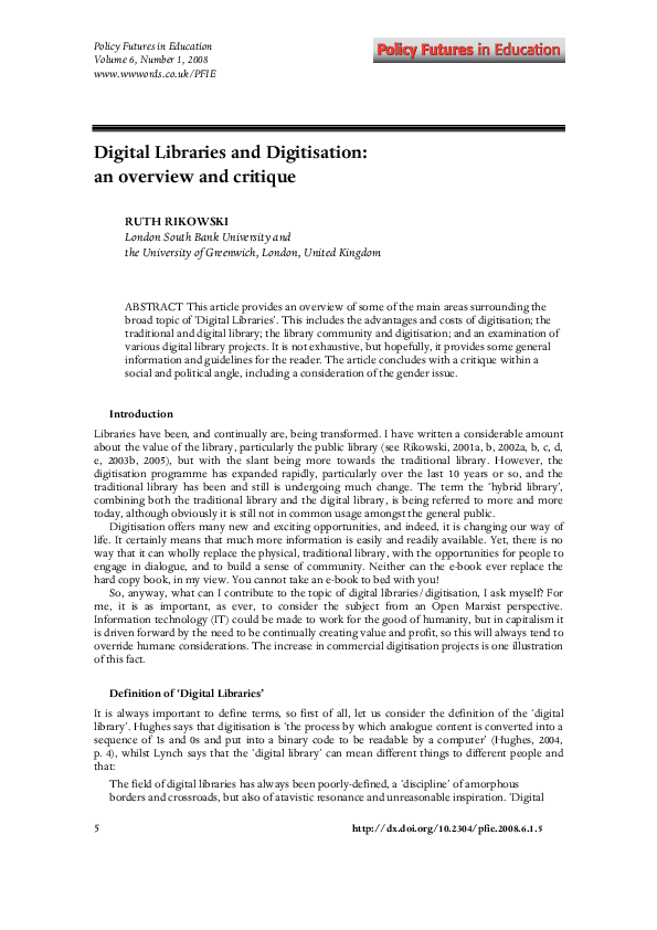 (PDF) Digital Libraries and Digitisation: an overview and critique