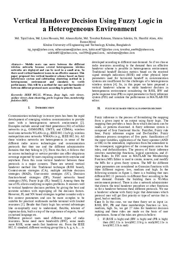 Pdf Vertical Handover Decision Using Fuzzy Logic In A Heterogeneous