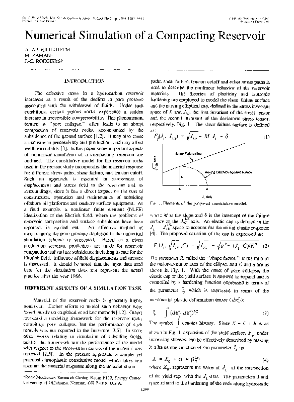 (PDF) Numerical Simulation Of A Compacting Reservoir