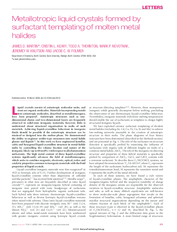 (PDF) Metallotropic liquid crystals formed by surfactant templating of ...