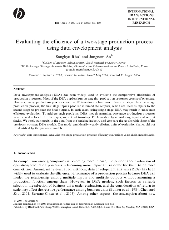 (PDF) Evaluating the efficiency of a two-stage production process using data envelopment analysis