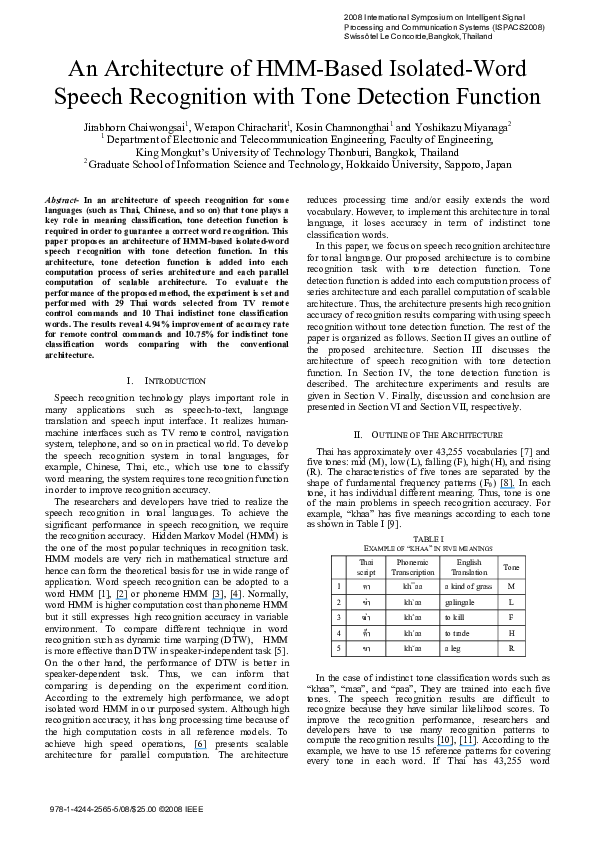 (PDF) An architecture of HMM-based isolated-word speech recognition with tone detection function