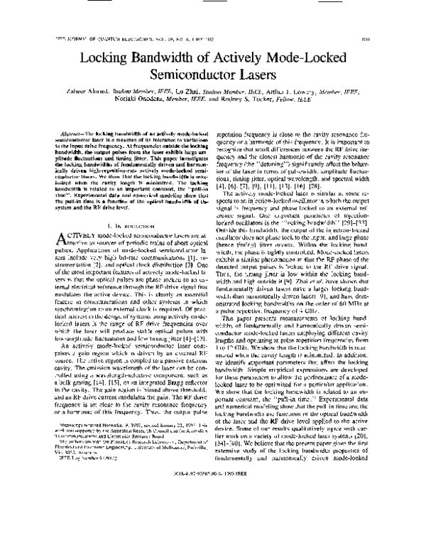 Pdf Locking Bandwidth Of Actively Mode Locked Semiconductor Lasers