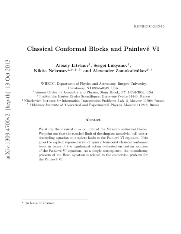 (PDF) Classical conformal blocks and Painlevé VI