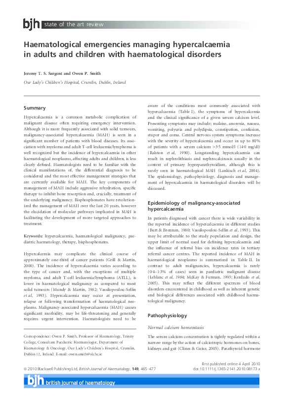(PDF) Haematological emergencies managing hypercalcaemia in adults and ...