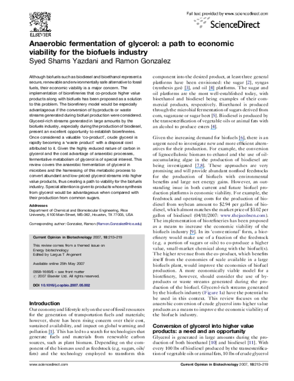(PDF) Anaerobic fermentation of glycerol: a path to economic viability ...