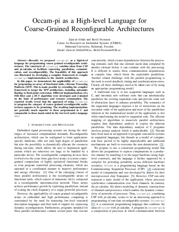 Pdf Occam Pi As A High Level Language For Coarse Grained Reconfigurable Architectures