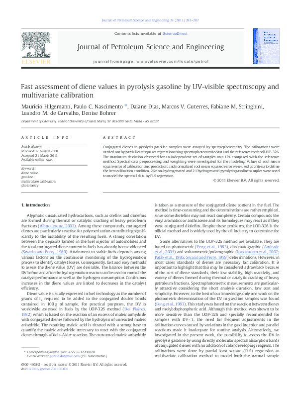 (PDF) Fast assessment of diene values in pyrolysis gasoline by UV ...