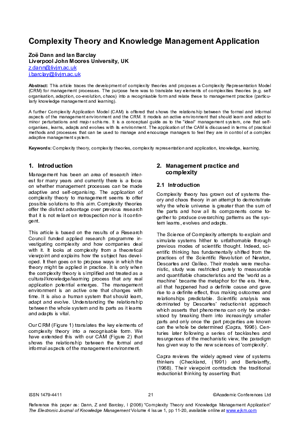 (PDF) Complexity Theory and Knowledge Management Application (2005)