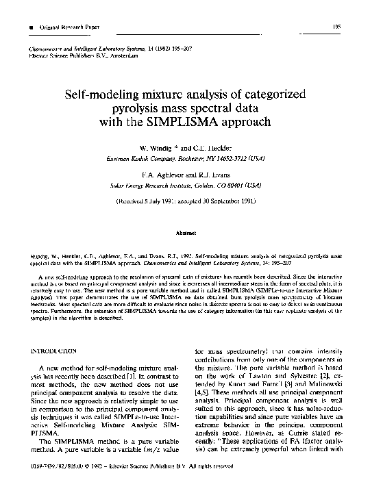 (PDF) Self-modeling mixture analysis of categorized pyrolysis mass spectral data with the ...