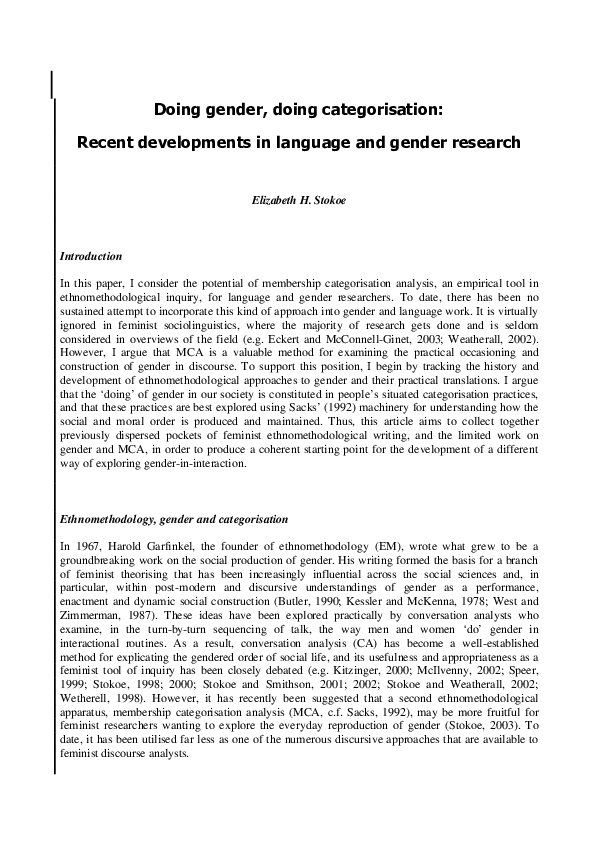 (PDF) Doing gender, doing categorisation: Recent developments in ...