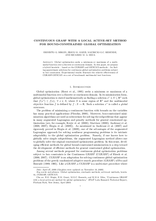 (PDF) Continuous GRASP with a local active-set method for bound-constrained global optimization
