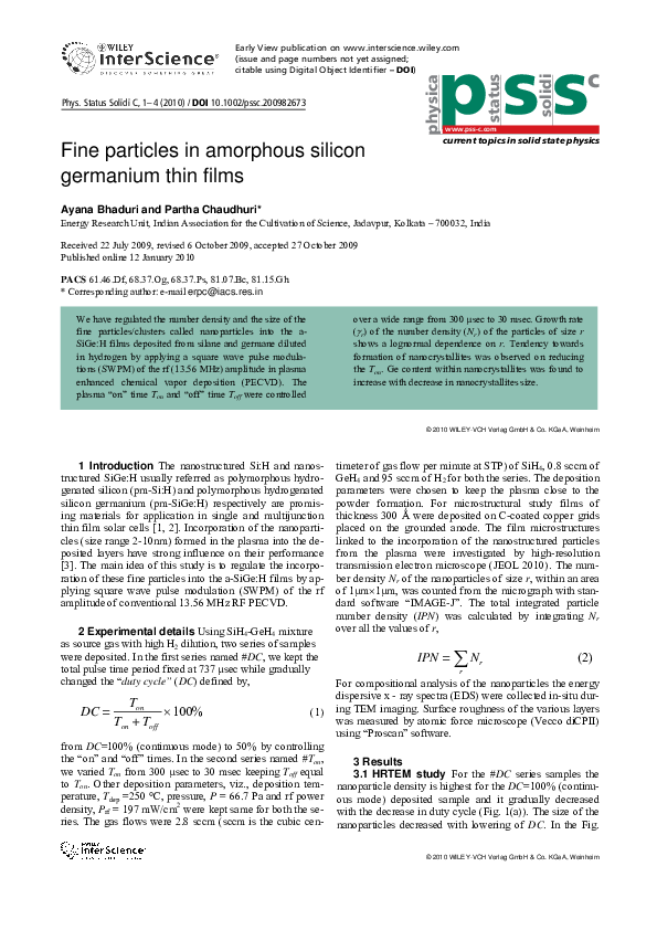 (PDF) Fine particles in amorphous silicon germanium thin films