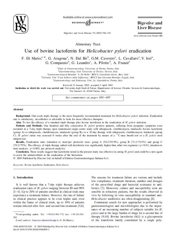 (PDF) Use of bovine lactoferrin for Helicobacter pylori eradication