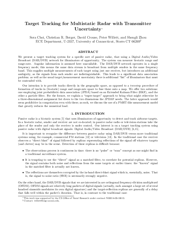 (PDF) Target tracking for multistatic radar with transmitter uncertainty