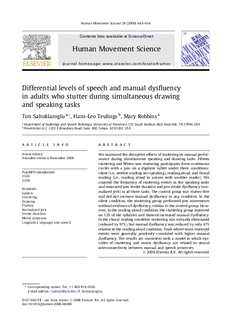 (PDF) Differential levels of speech and manual dysfluency in adults who stutter during ...