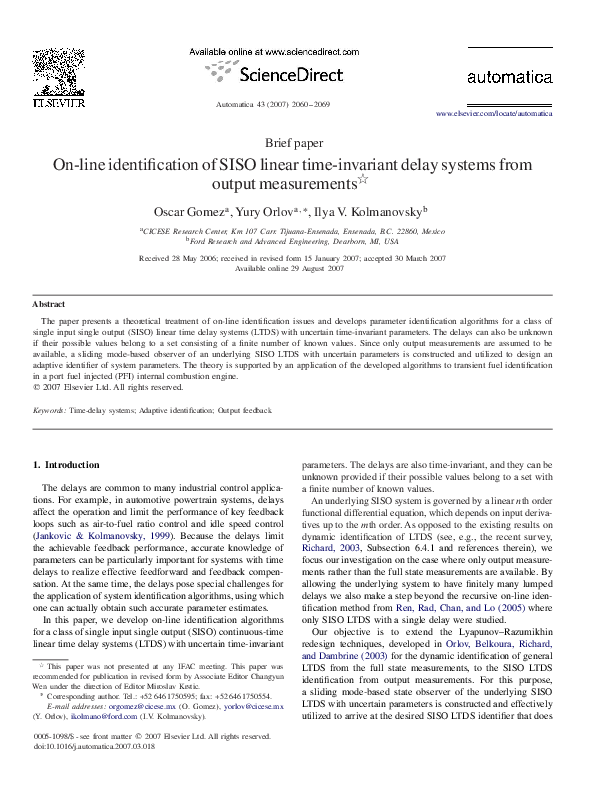 (PDF) On-line identification of SISO linear time-invariant delay systems from output measurements
