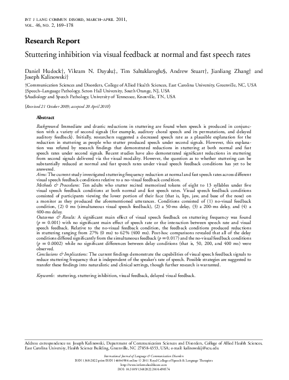 (PDF) Stuttering inhibition via visual feedback at normal and fast ...