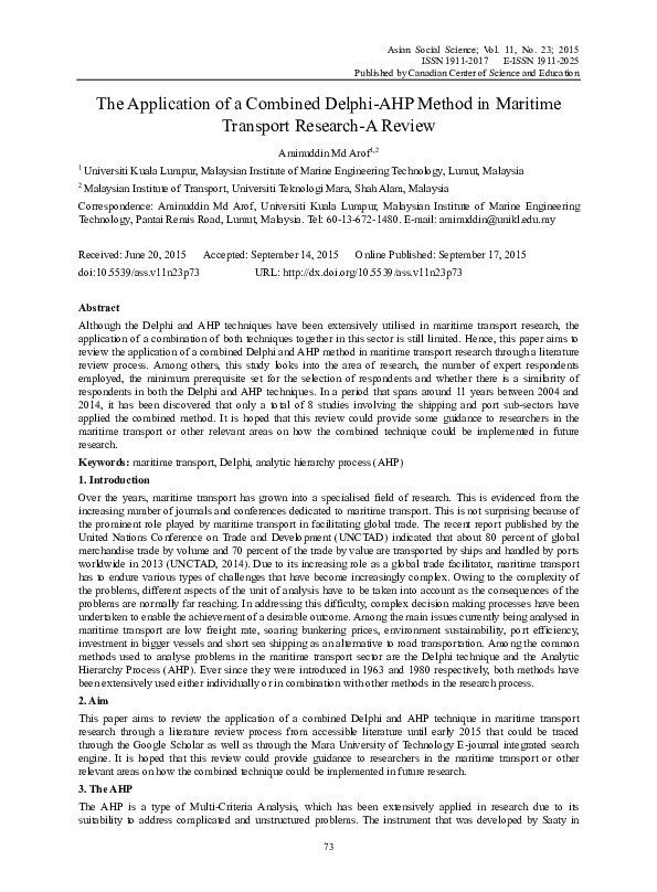 Pdf The Application Of A Combined Delphi Ahp Method In Maritime Transport Research A Review