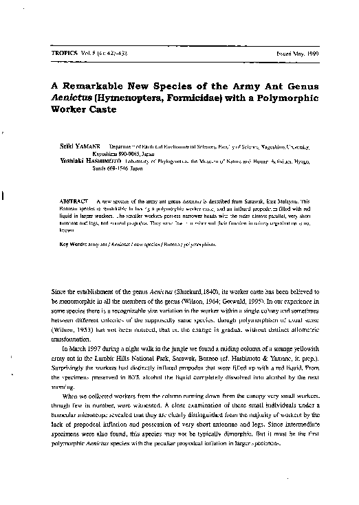 (PDF) A Remarkable New Species of the Army Ant Genus Aenictus(Hymenoptera, Formicidae) with a ...