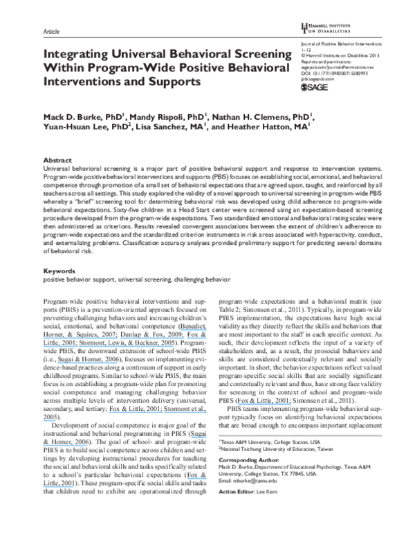 (PDF) Integrating Universal Behavioral Screening Within Program-Wide Positive Behavioral ...