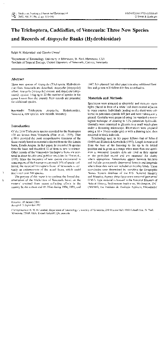 (PDF) The Trichoptera, Caddisflies, of Venezuela: Three New Species and ...