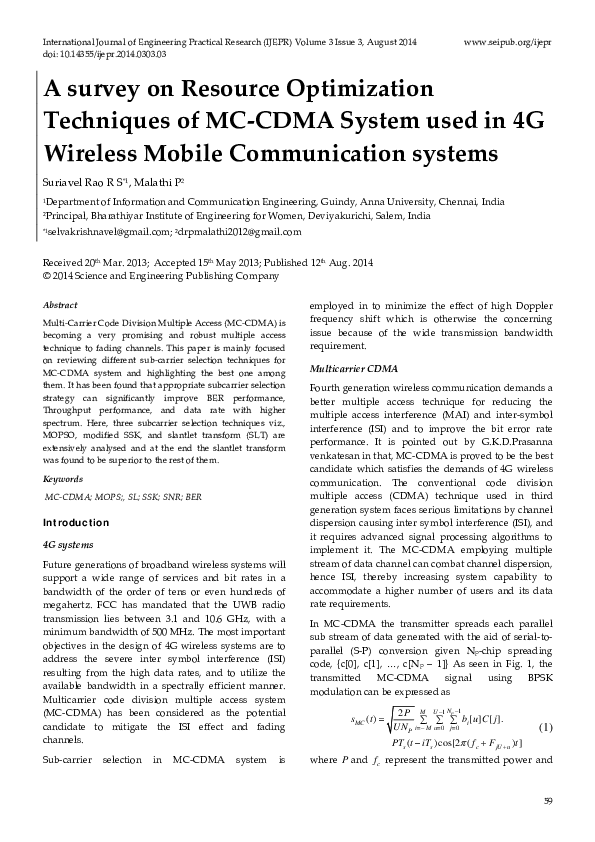 (PDF) A survey on Resource Optimization Techniques of MC-CDMA System used in 4G Wireless Mobile ...