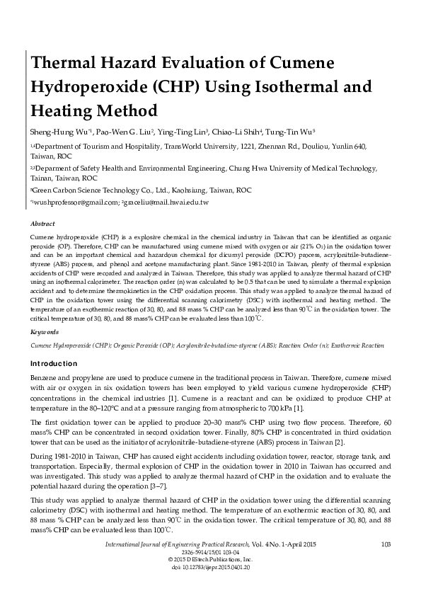(PDF) Thermal Hazard Evaluation of Cumene Hydroperoxide (CHP) Using ...