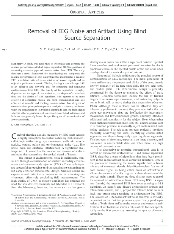 Pdf Removal Of Eeg Noise And Artefact Using Blind Source Separation