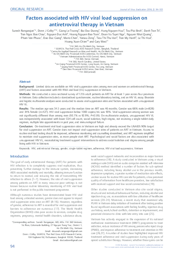 Pdf Factors Associated With Hiv Viral Load Suppression On Antiretroviral Therapy In Vietnam