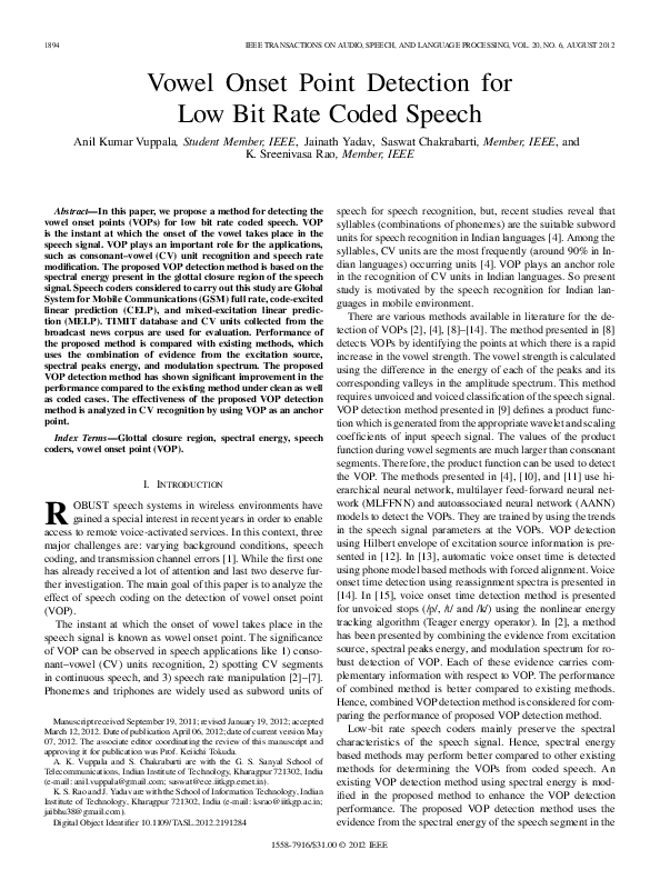 (PDF) Vowel Onset Point Detection for Low Bit Rate Coded Speech