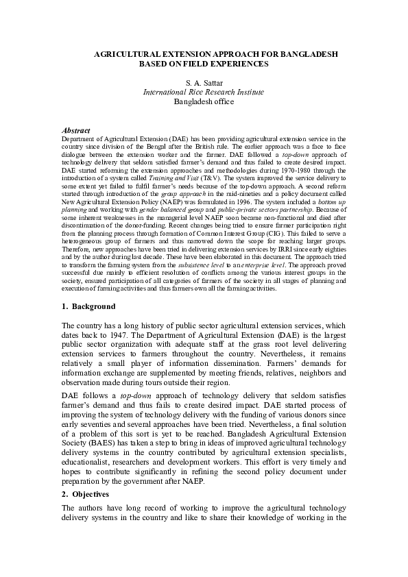 (DOC) AGRICULTURAL EXTENSION APPROACH FOR BANGLADESH BASED ON FIELD ...