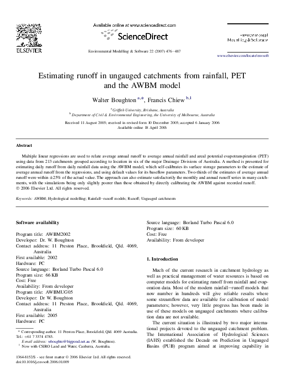 (PDF) Estimating runoff in ungauged catchments from rainfall, PET and the AWBM model