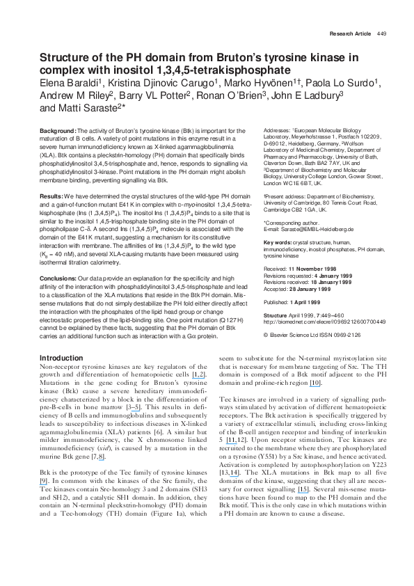 (PDF) Structure of the PH domain from Bruton's tyrosine kinase in complex with inositol 1,3,4,5 ...