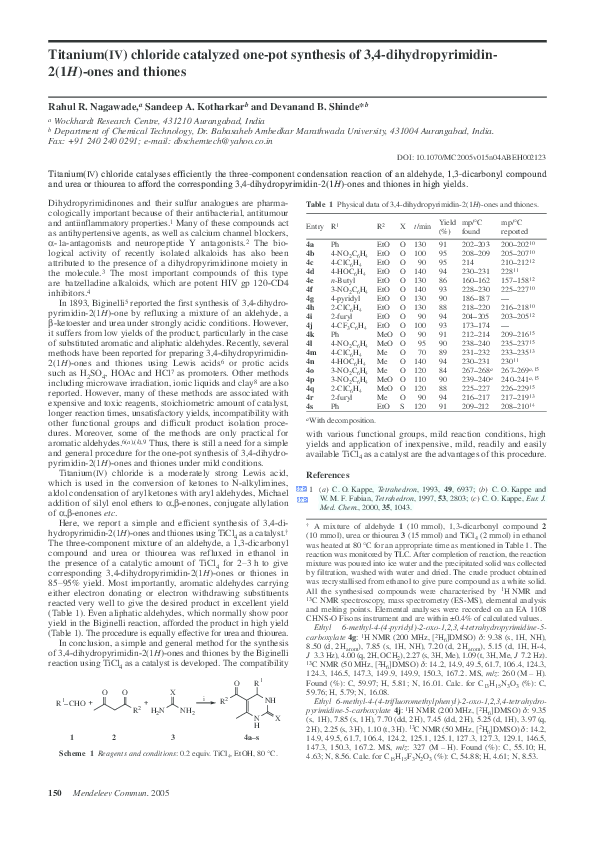 (PDF) Titanium(IV) Chloride Catalyzed One-Pot Synthesis of 3,4-Dihydropyrimidin-2-(1h)-ones ...