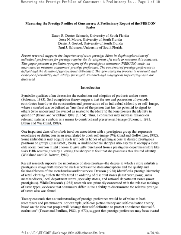 (PDF) Measuring the Prestige Profiles of Consumers: A Preliminary Report of the PRECON Scales