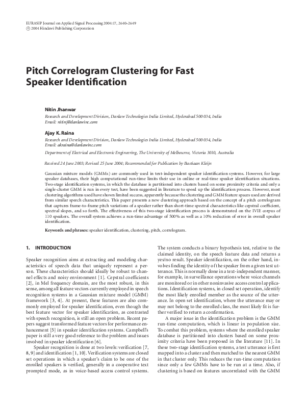 (PDF) Pitch Correlogram Clustering for Fast Speaker Identification