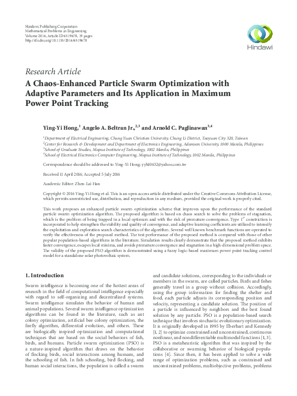Pdf A Chaos Enhanced Particle Swarm Optimization With Adaptive