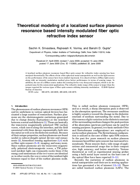 (PDF) Theoretical modeling of a localized surface plasmon resonance based intensity modulated ...