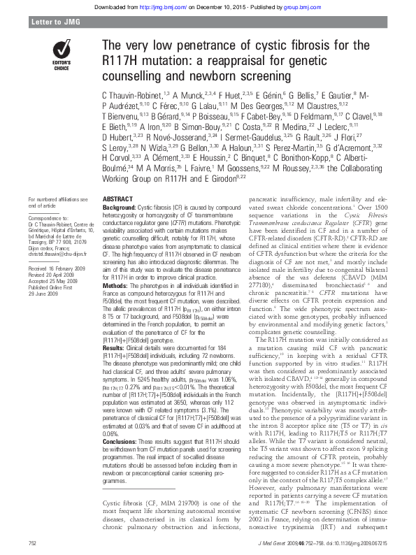 (PDF) The very low penetrance of cystic fibrosis for the R117H mutation ...